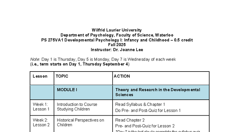 PS 275VA1 Weekly Schedule for Developmental Psychology I: Infancy and ...