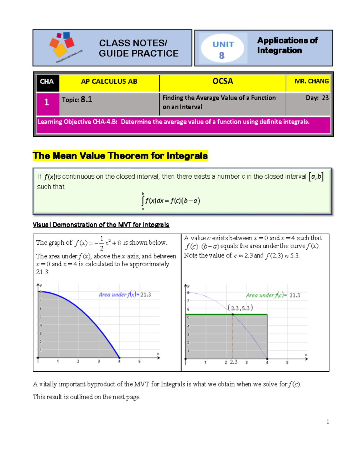 "CHA AP CALCULUS AB Study Guide: Unit 8 Integration Applications" - Studocu