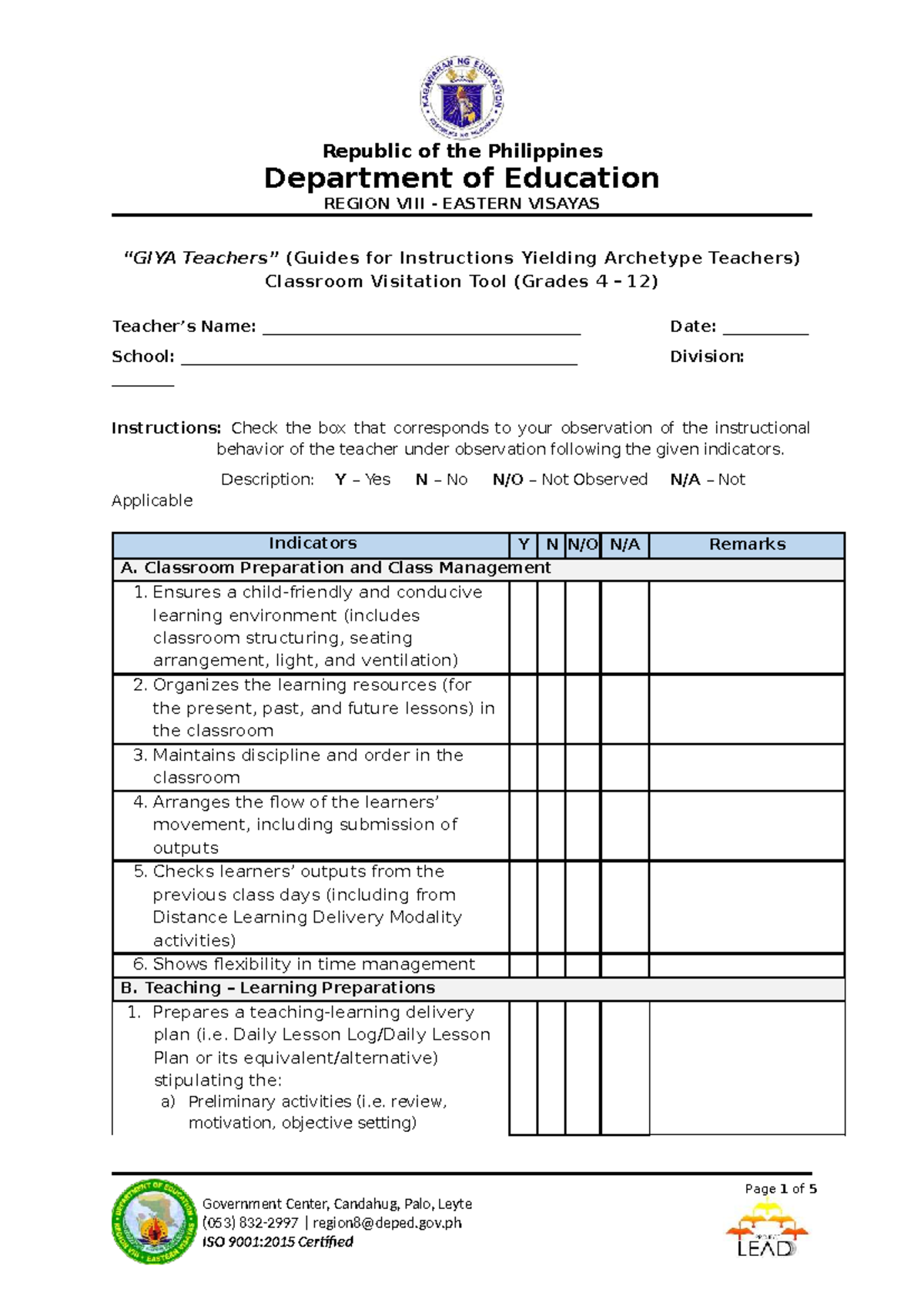 GIYA Classroom Visitation Tool for Teachers (Grades 4-12) - Studocu