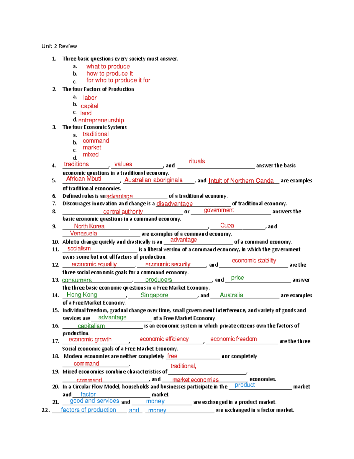 Unit 2 Review: Basic Economic Questions & Systems Overview - Studocu