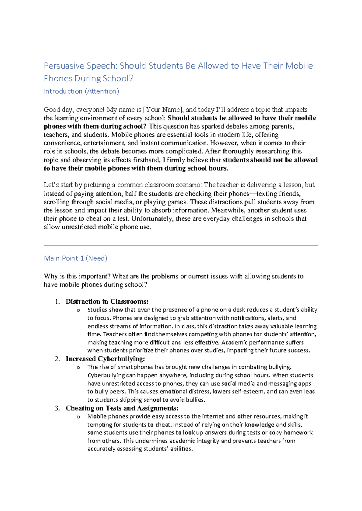 Persuasive Speech: Should Students Use Mobile Phones in School? - Studocu