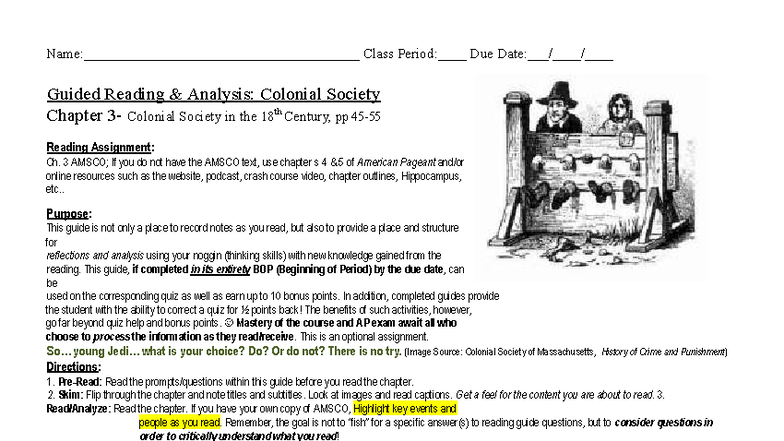 Guided Reading Analysis: Colonial Society in the 18th Century (AMSCO Ch ...