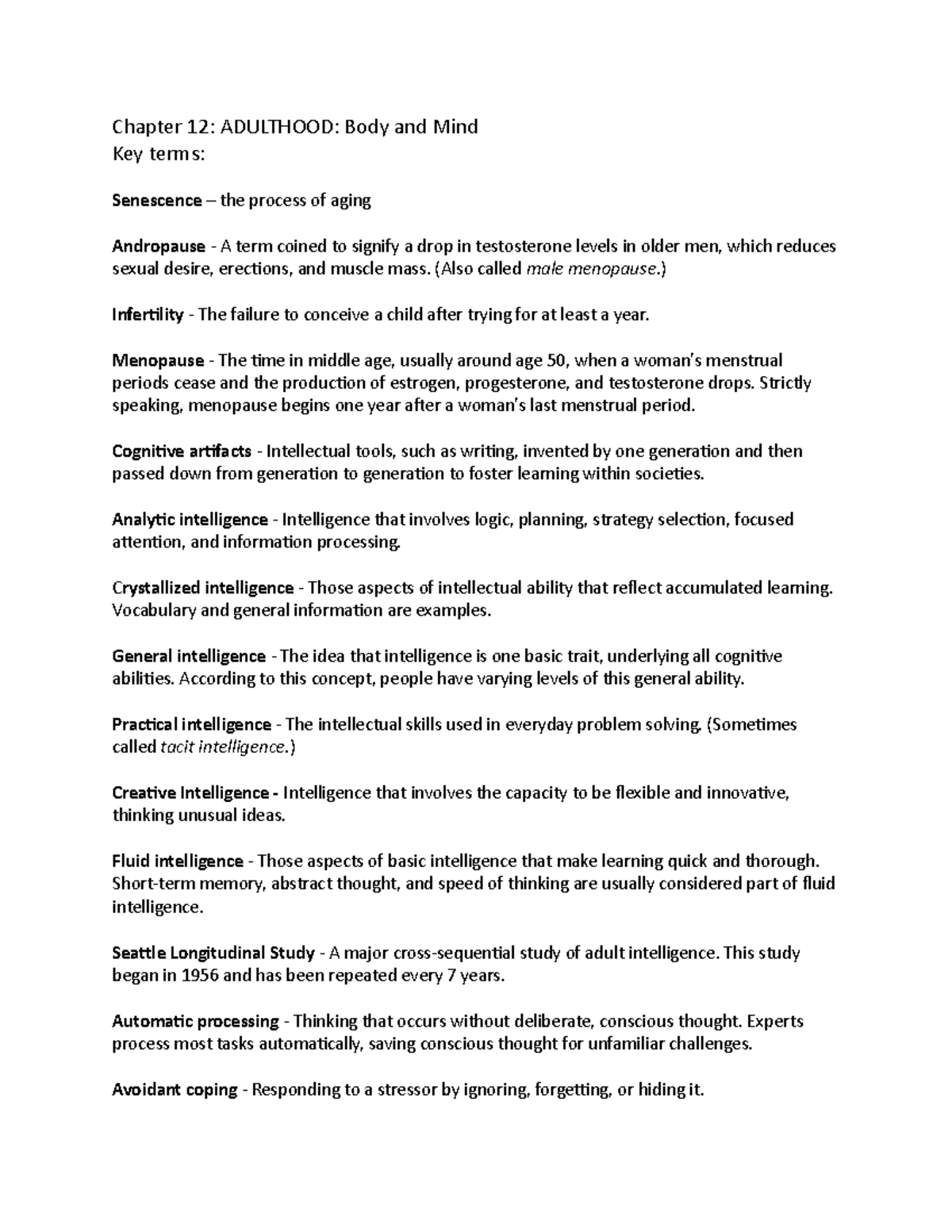 Chapter 12 Summary: Adulthood Insights on Mind & Body Development - Studocu