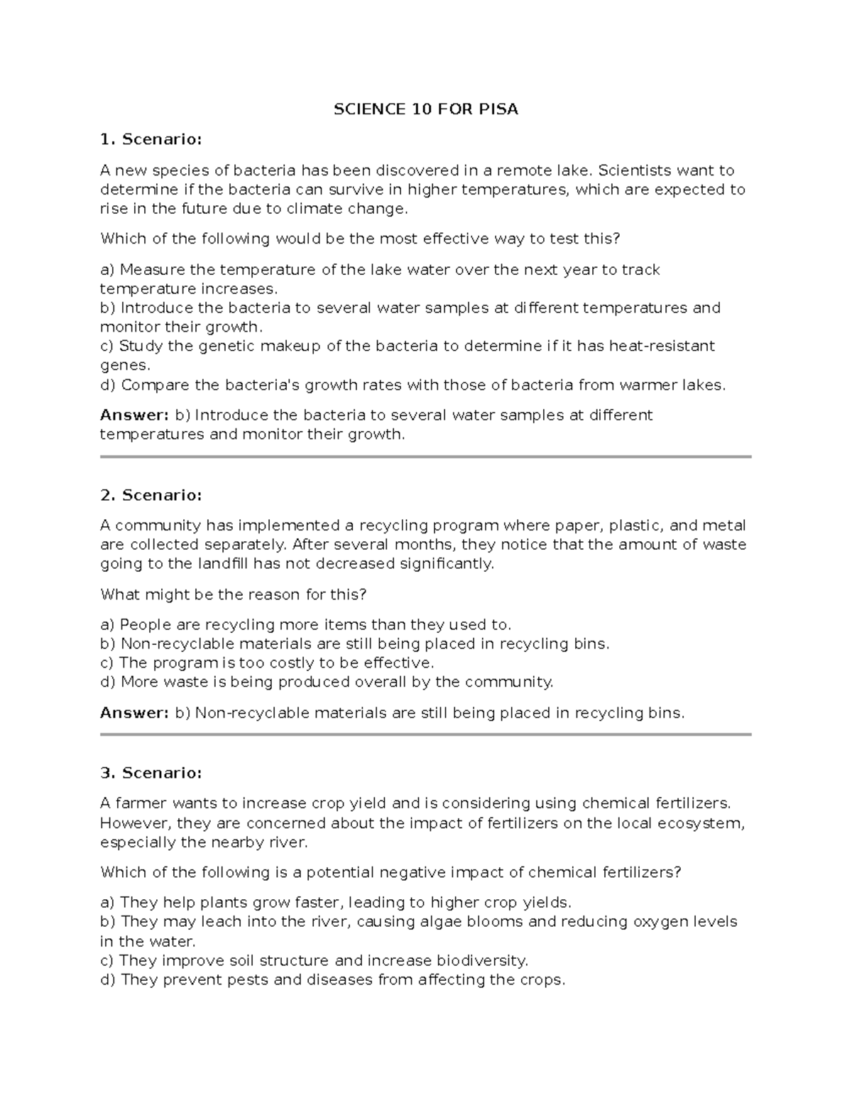 Science 10 PISA Exam Prep: Scenarios & Questions Overview - Studocu