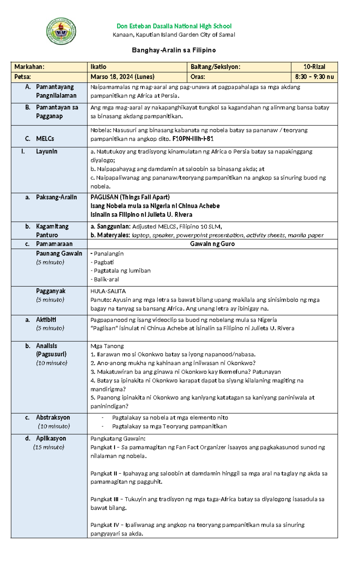 G10 LP W8 - Lesson Plan on "Paglisan" by Chinua Achebe - Studocu