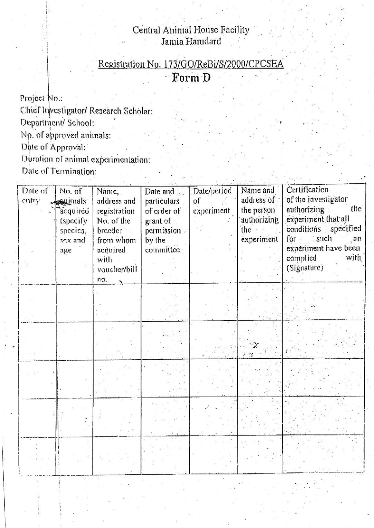 FORM D - Central Animal House Facility Registration Details - Studocu