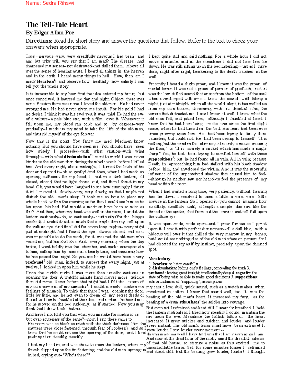 Tell-Tale Heart: Analysis & Answers to Study Questions - Studocu