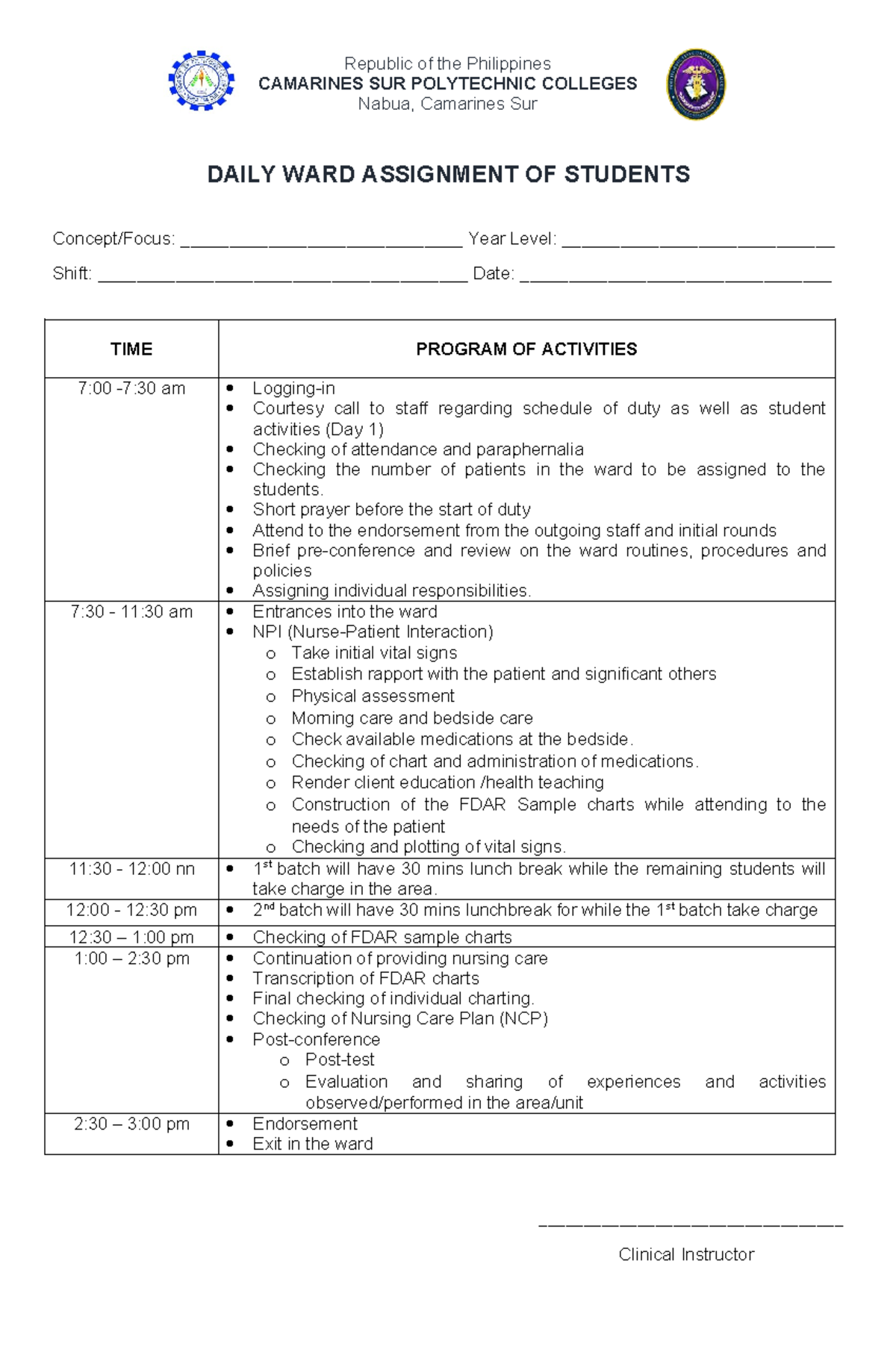 Daily Ward Assignment for Nursing Students - Camarines Sur Polytechnic ...