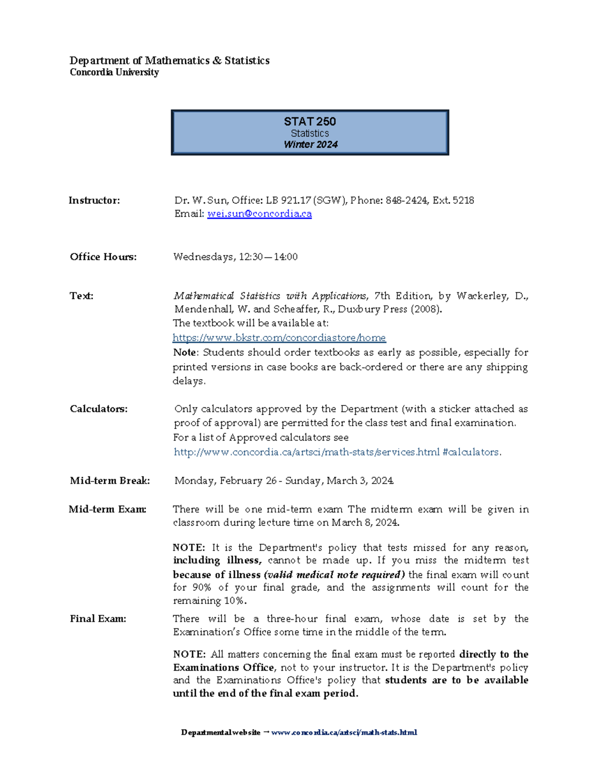 STAT 250 Course Outline - Winter 2024 - Mathematics & Statistics - Studocu