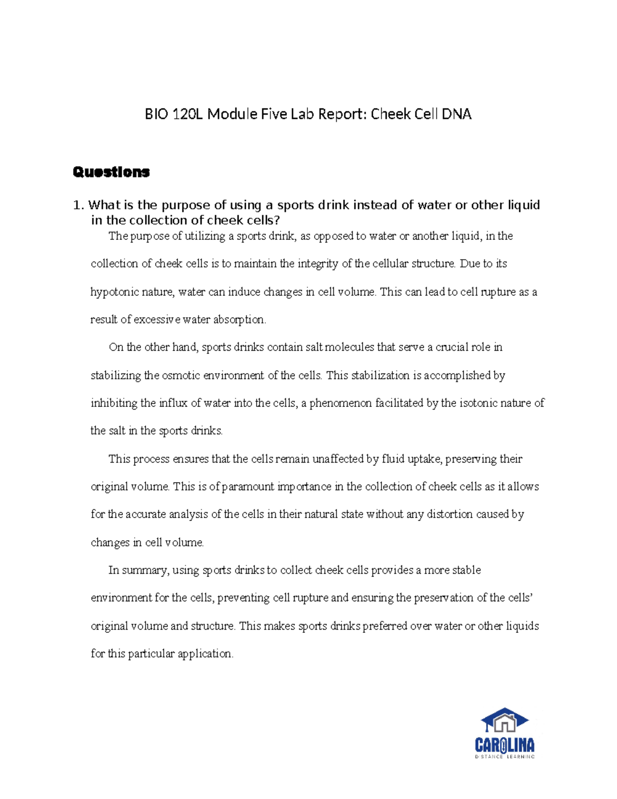 BIO 120L Module 5 Cheek Cell DNA Extraction Lab Report Analysis - Studocu