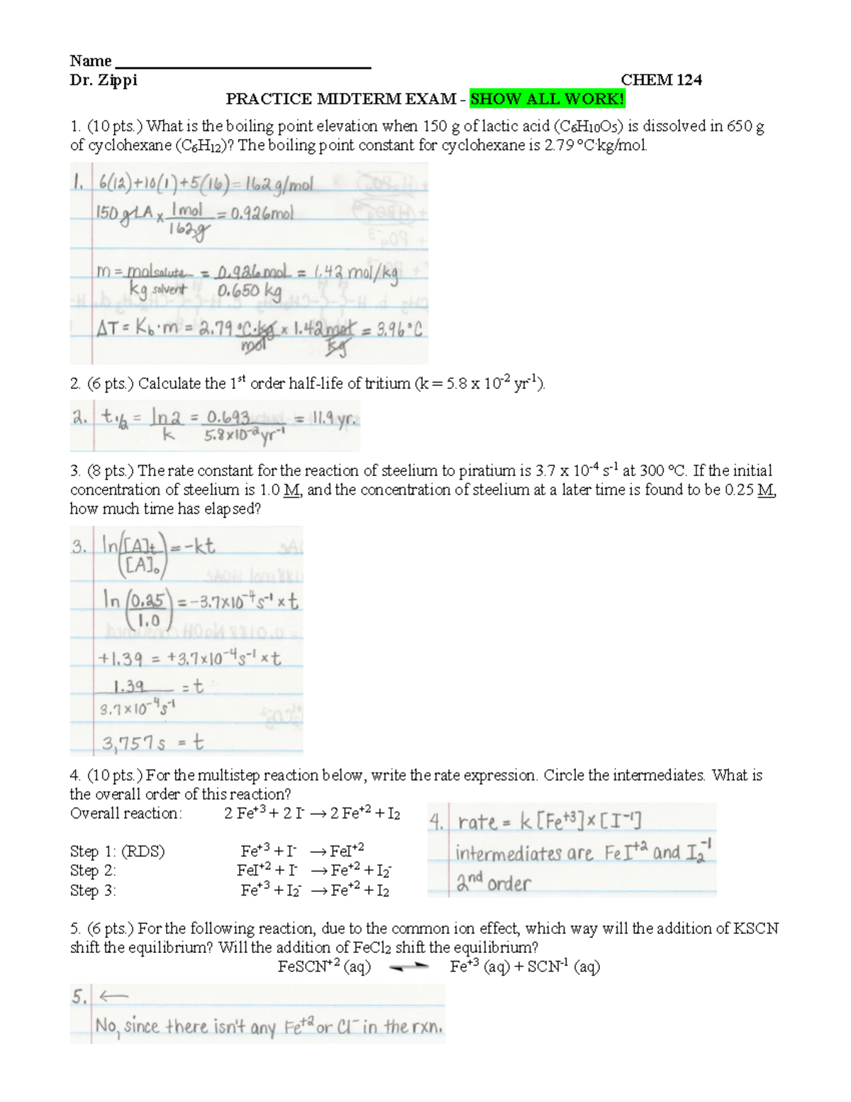 CHEM 124 PRACTICE MIDTERM EXAM: Complete Solutions and Work - Studocu
