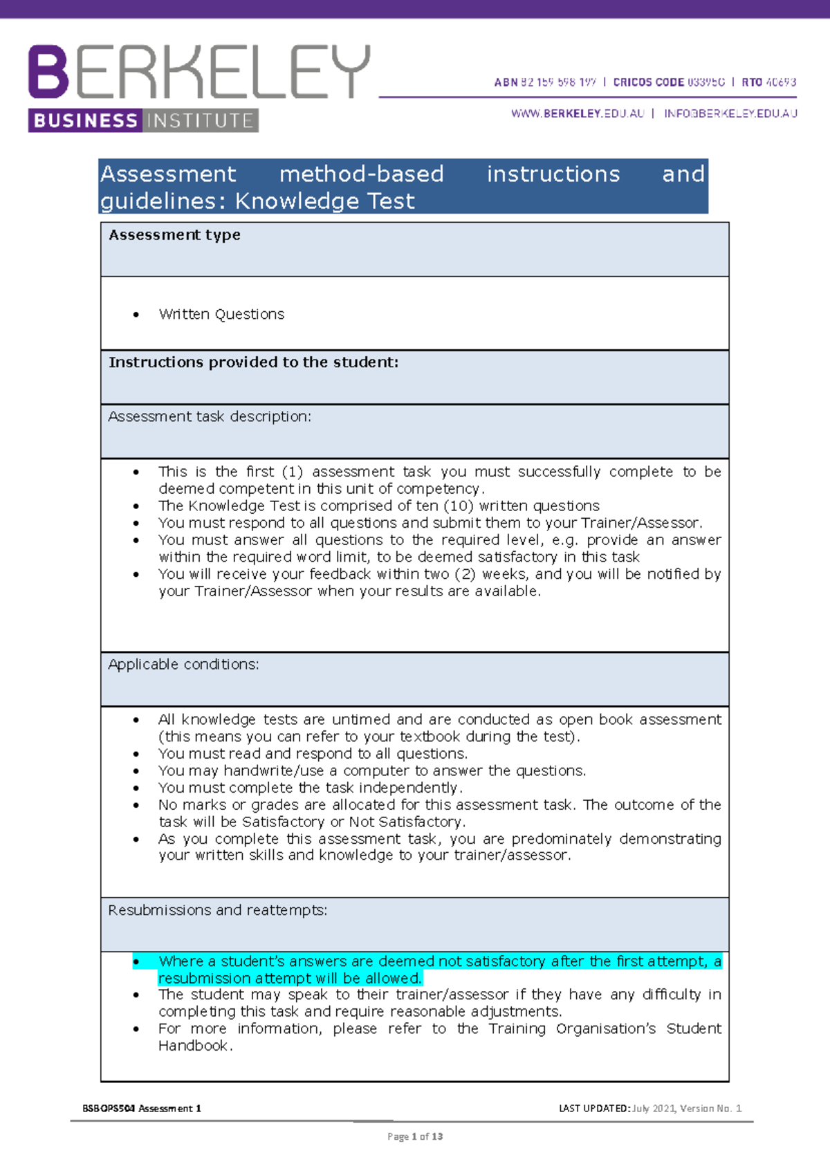 BSBOPS504 Assessment 1: Knowledge Test Guidelines and Requirements ...
