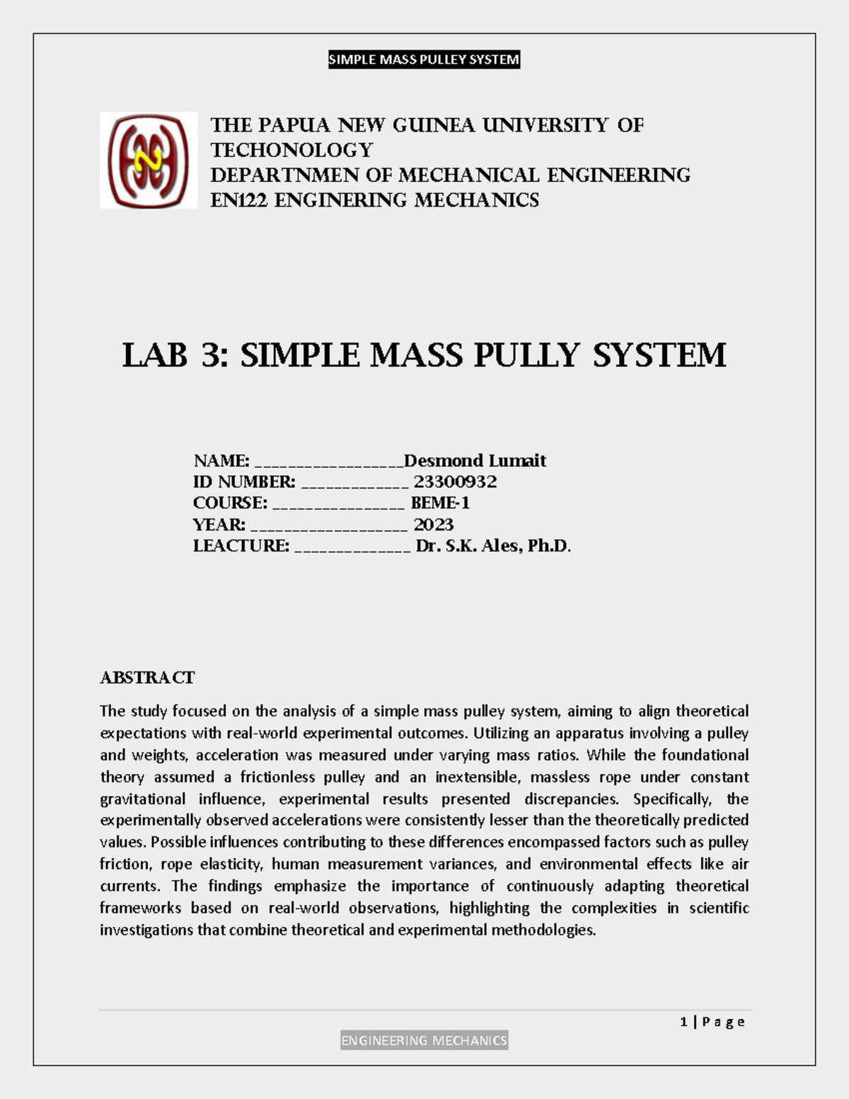 LAB 3: Simple Mass Pulley System Analysis (EN122 Engineering Mechanics ...