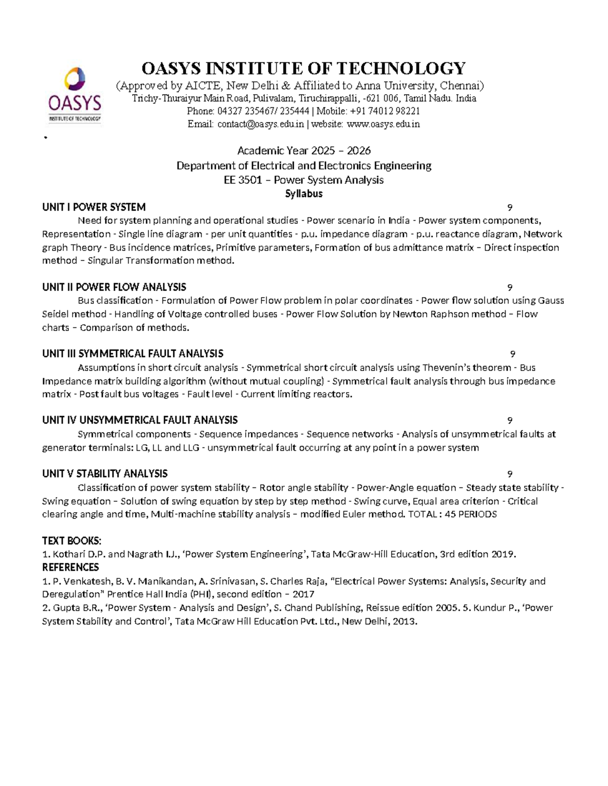EE 3501 Power System Analysis Syllabus - OASYS Institute - Studocu