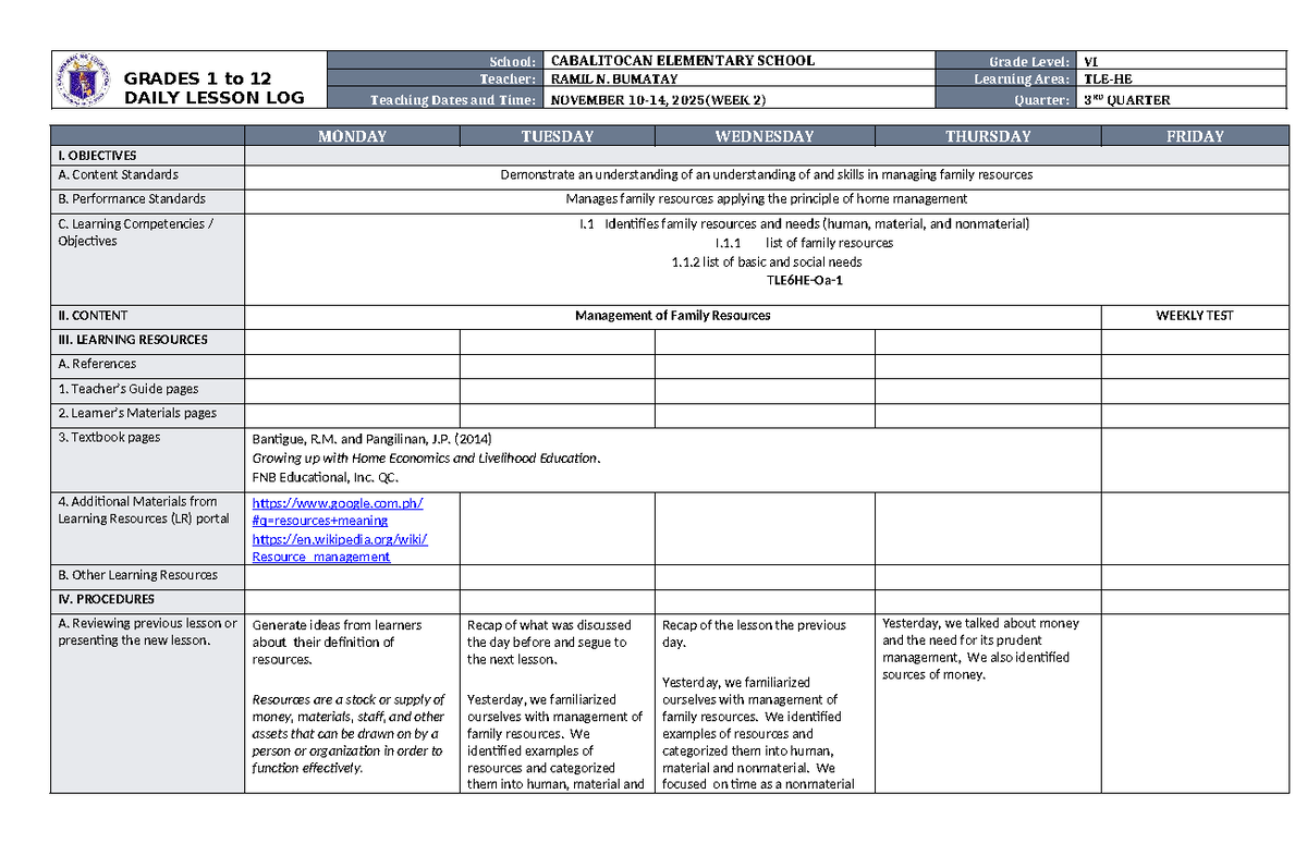 DLL TLE-HE 6 Q3 W2 - Management of Family Resources Lesson Plan - Studocu