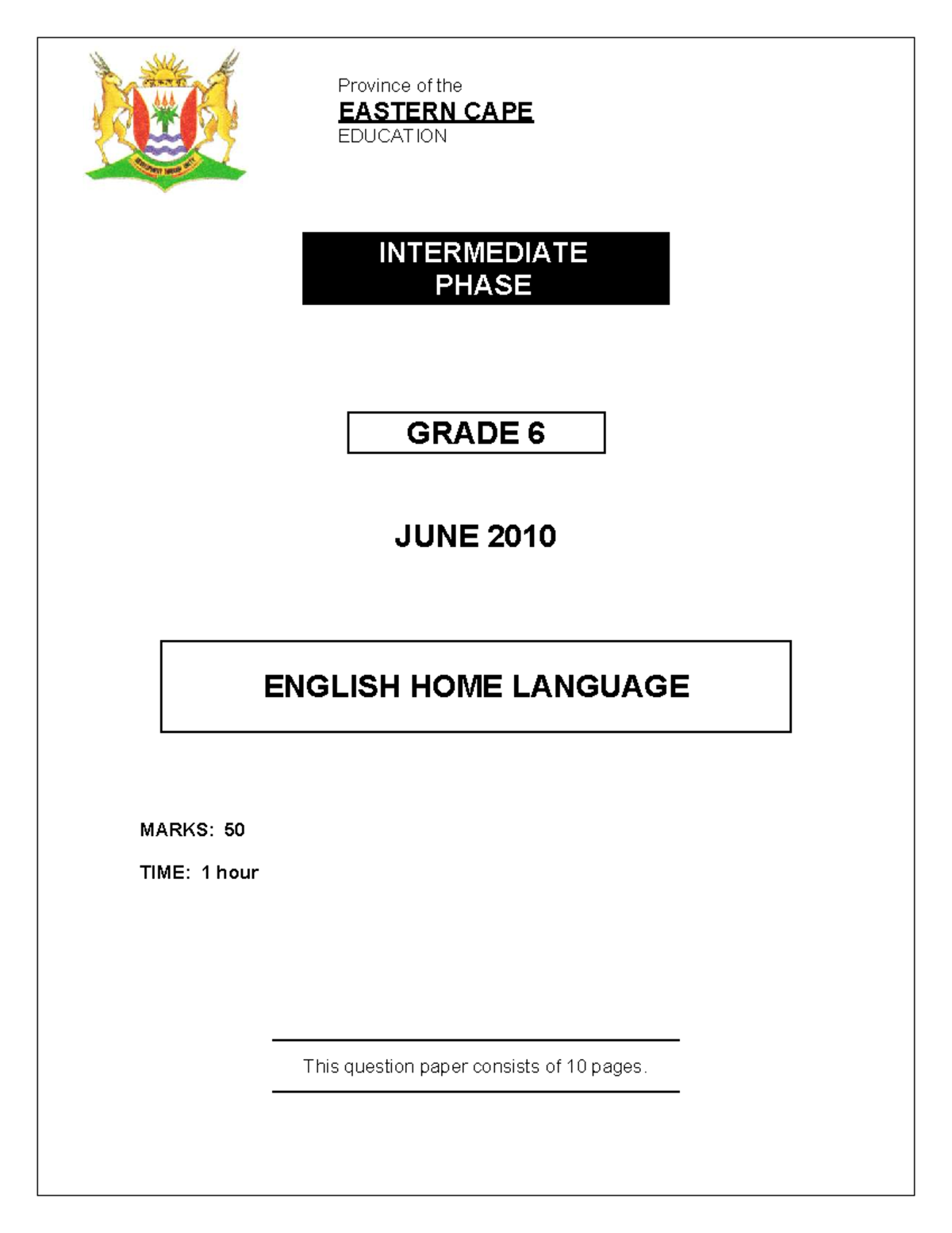 English Home Language Grade 6 QP June 2010 - Assessment Paper - Studocu
