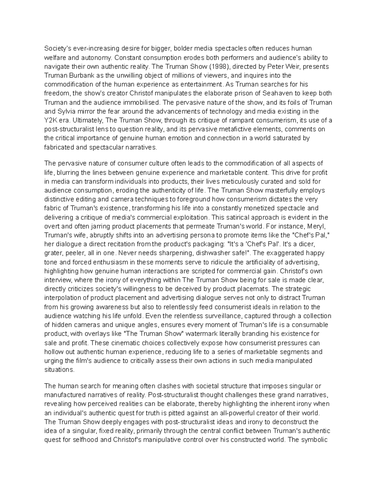 Truman Show (1998) Essay: Media, Consumerism, and Authenticity - Studocu