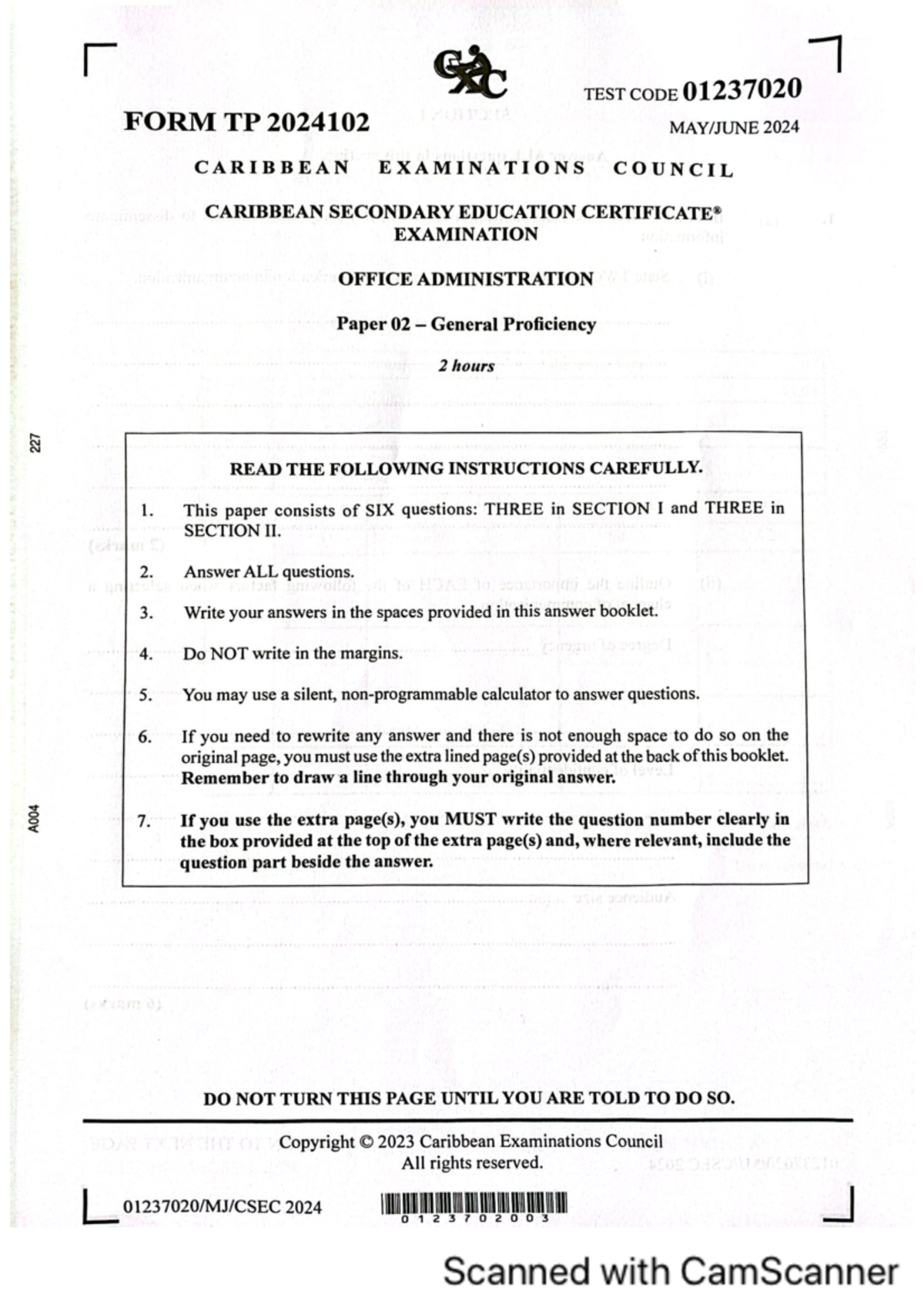 CSEC Office Administration Paper 02 General Proficiency Exam 2024 - Studocu