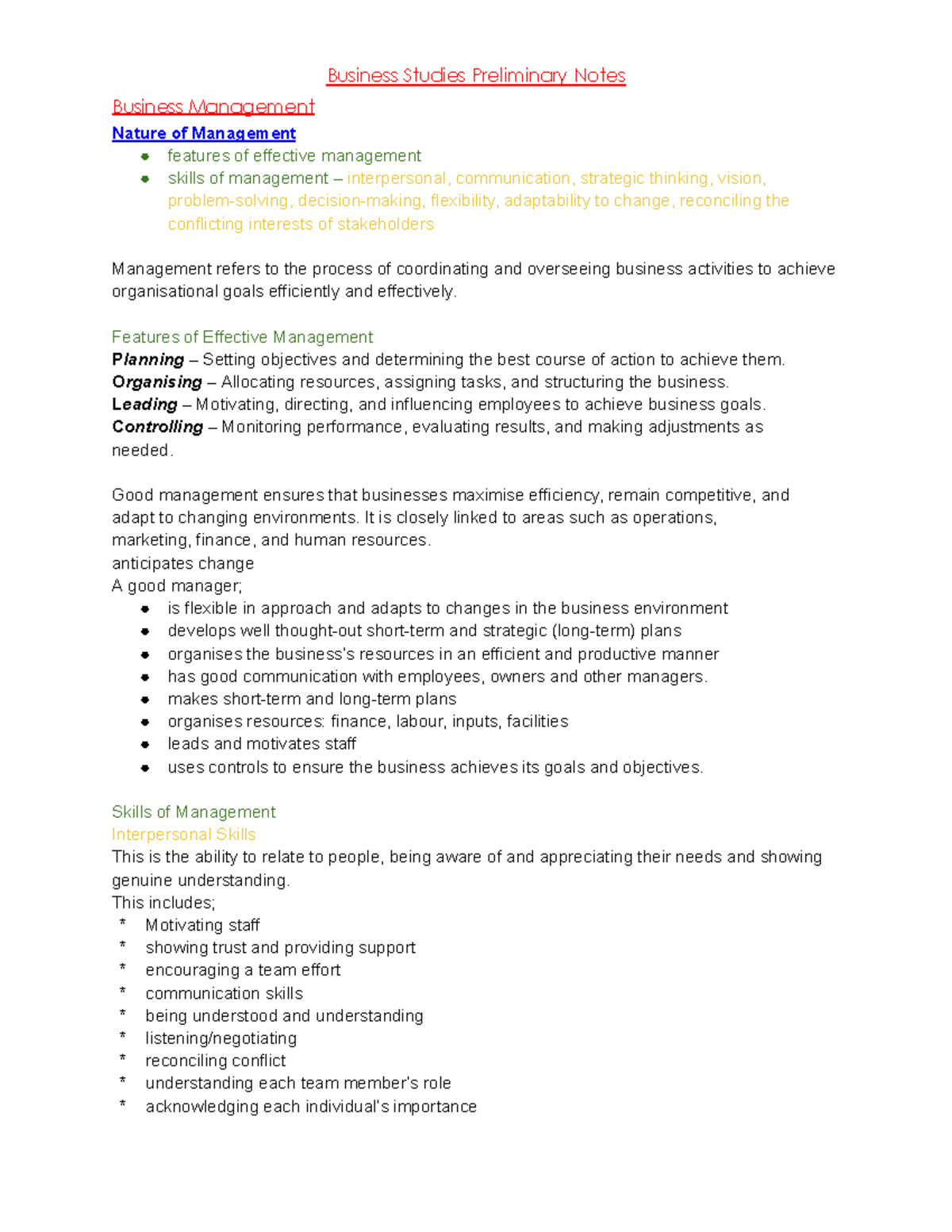 Business Studies Preliminary Notes: Nature & Skills of Management - Studocu