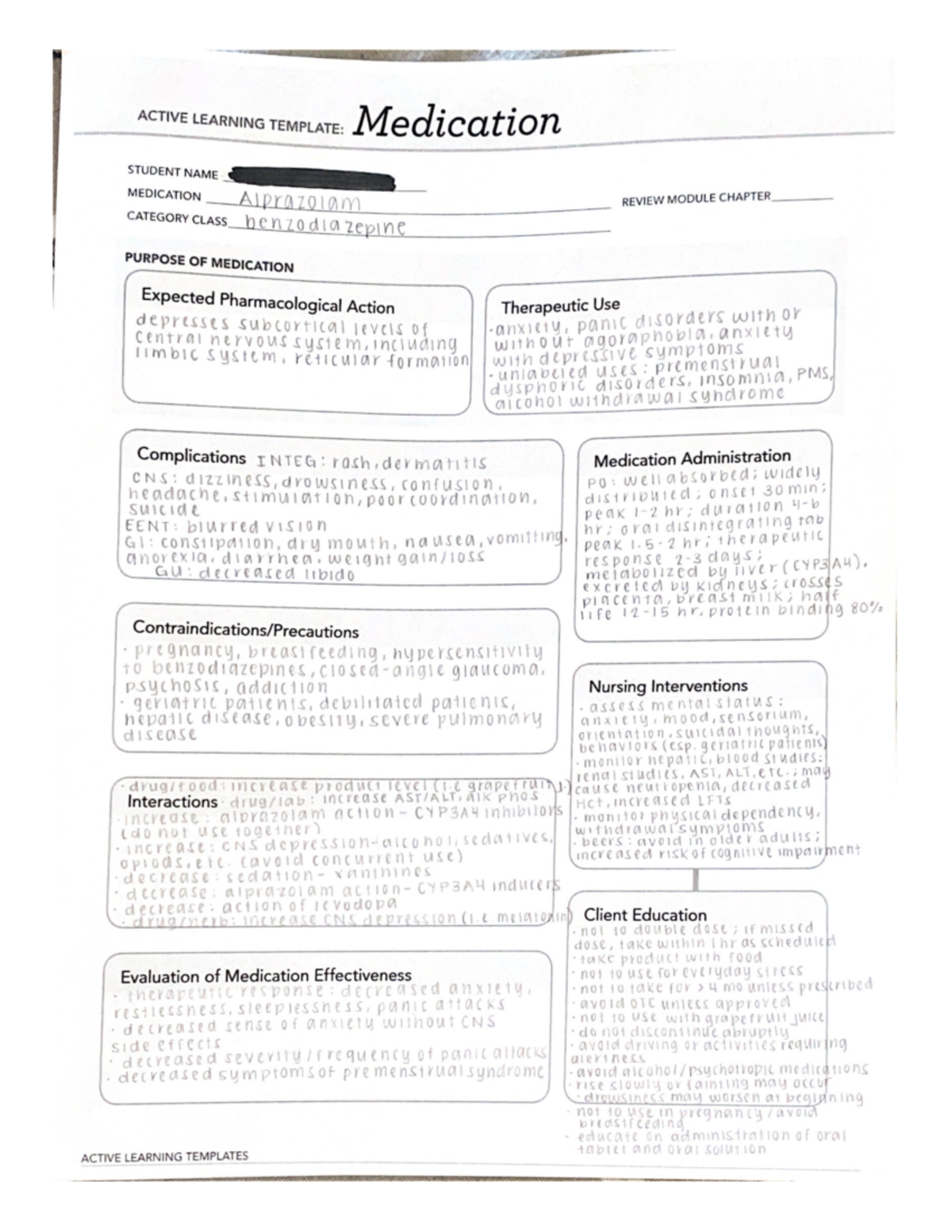 ATI Drug Template Alprazolam - ACTIVE LEARNING TEMPLATE: Medication ...