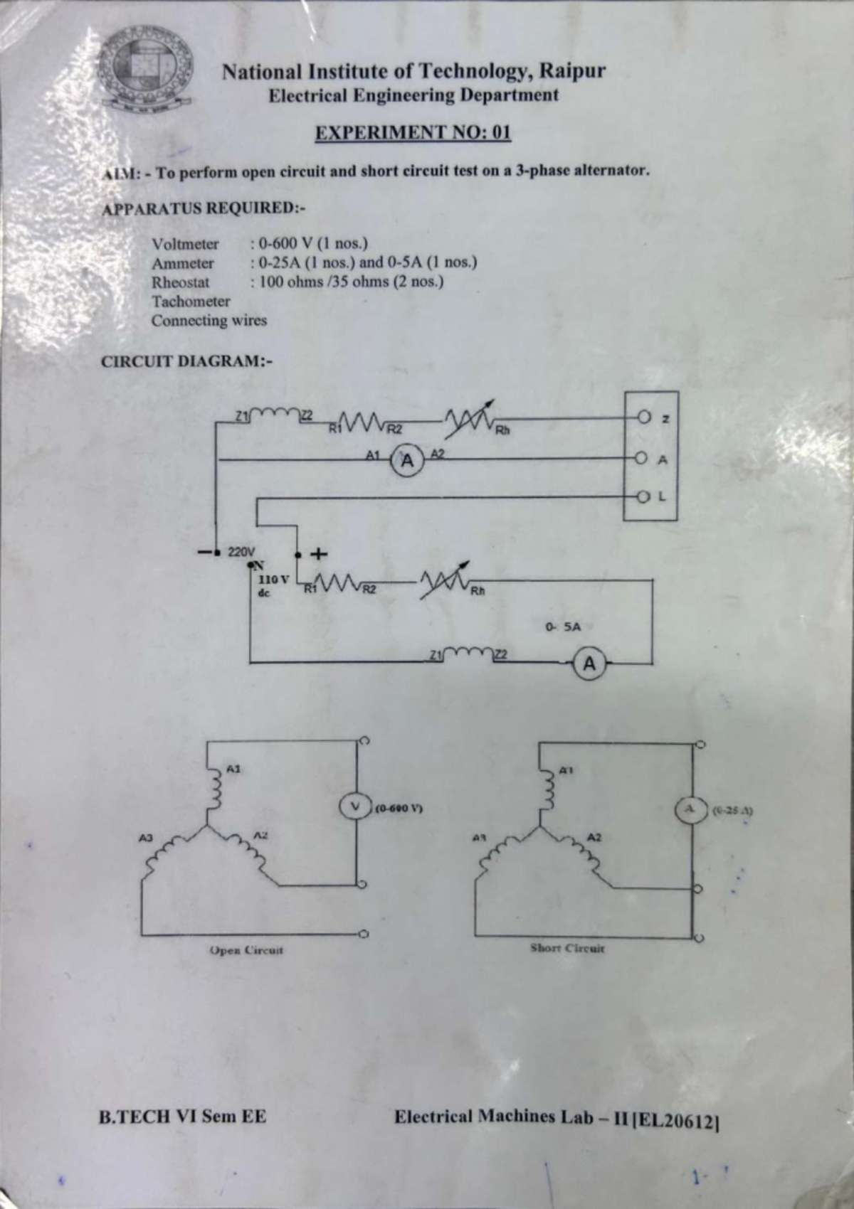B.TECH EE Lab Manual: Open & Short Circuit Tests on Alternators - Studocu