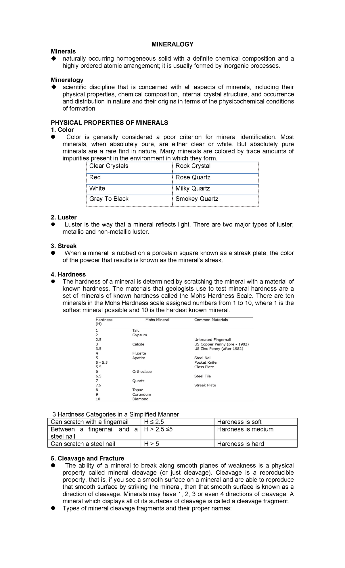 Mineralogy Study Guide - MINEROLOGY: Physical Properties & More - Studocu