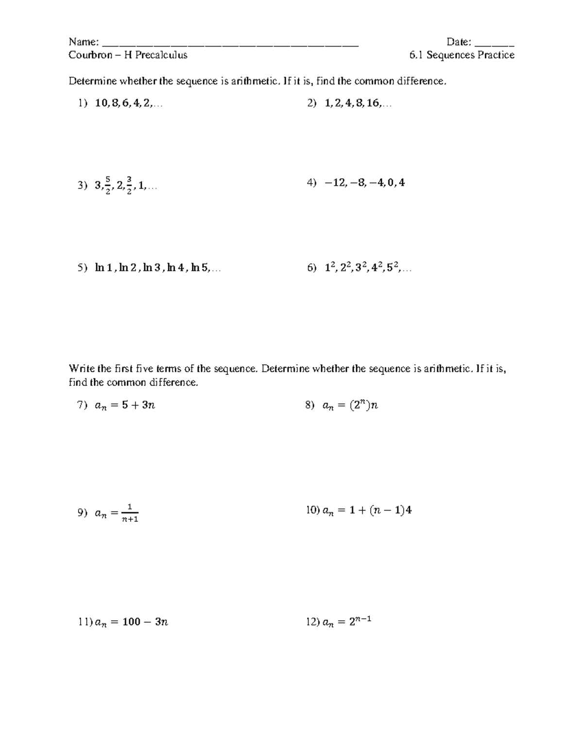 Precalculus (Courbron H) - 6.1 Sequences Practice Worksheet - Studocu