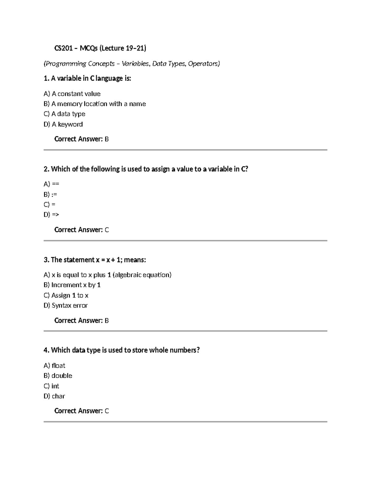 CS201 Final Exam MCQs (Programming Concepts & Basics Review) - Studocu