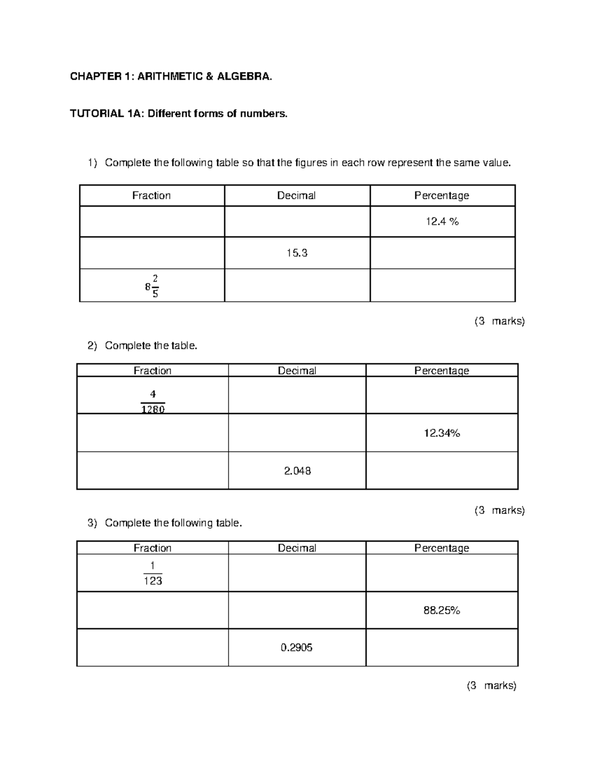 CHAPTER 1: ARITHMETIC ALGEBRA - TUTORIAL 1A Exercises - Studocu