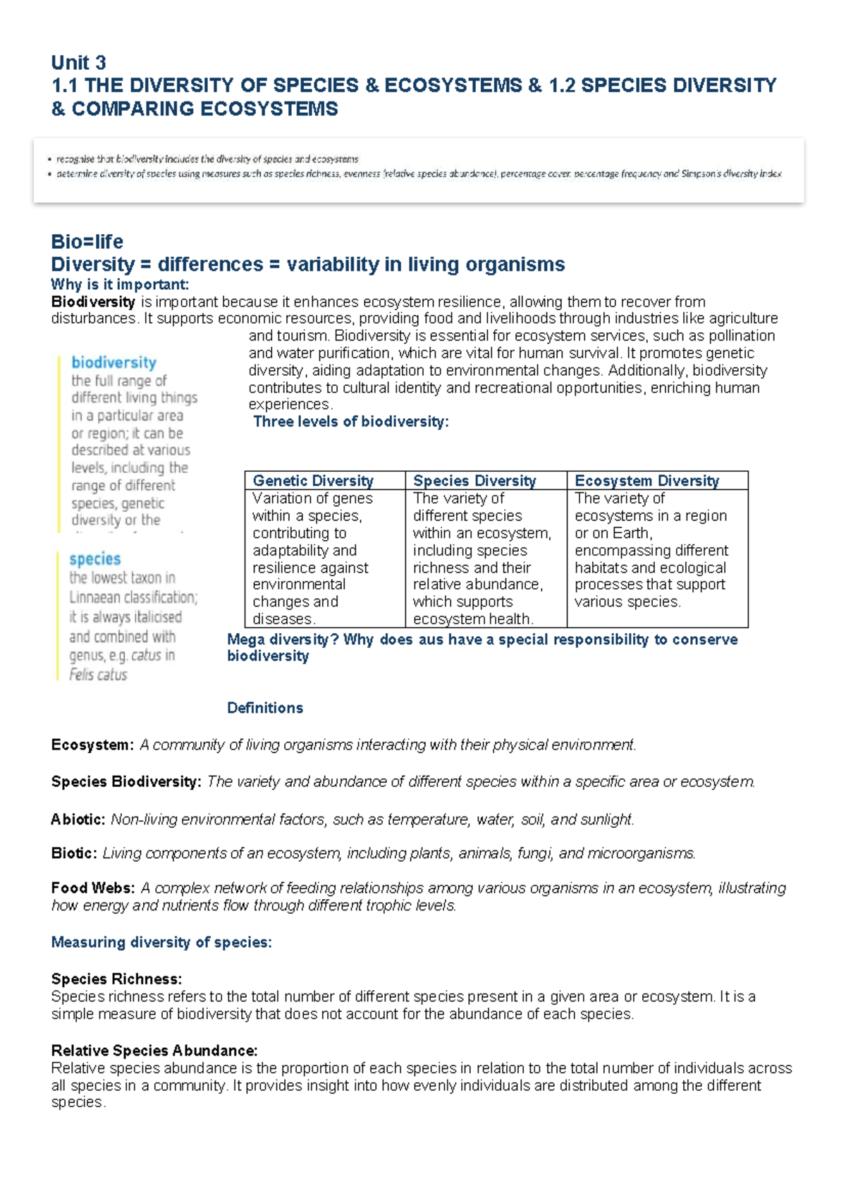 Y12 - Biology Notes UNIT 3 & 4 - Unit 3 1 THE DIVERSITY OF SPECIES ...