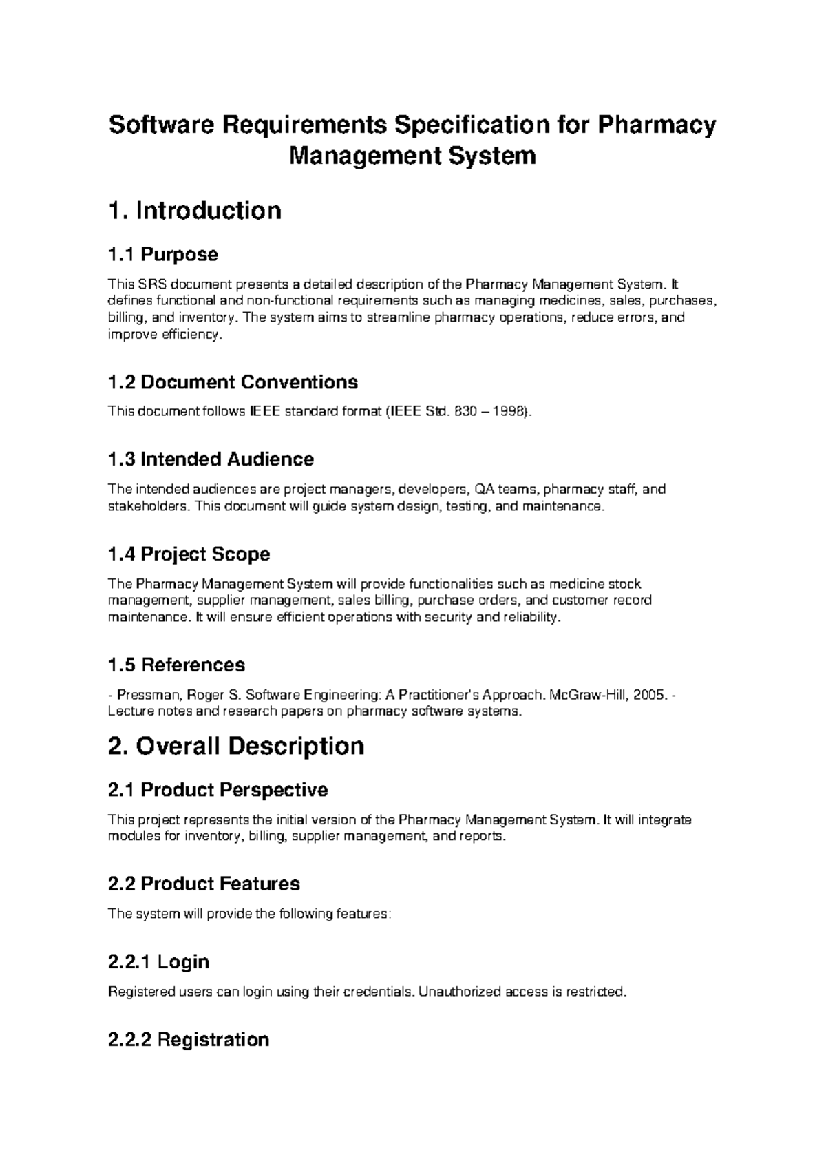 Pharmacy Management System SRS Document Overview - Studocu