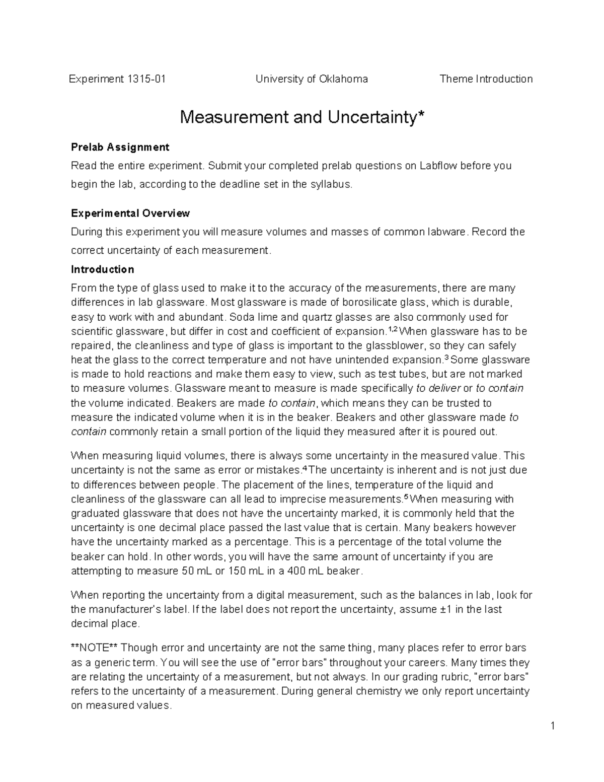 Experiment 1315-01: Measurement & Uncertainty in Lab Glassware - Studocu
