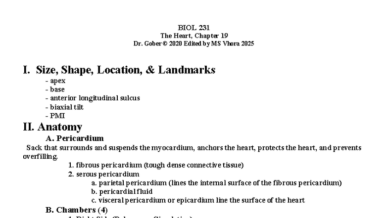 BIOL 231 Heart Lecture Notes: Anatomy, Function & Circulation Overview ...
