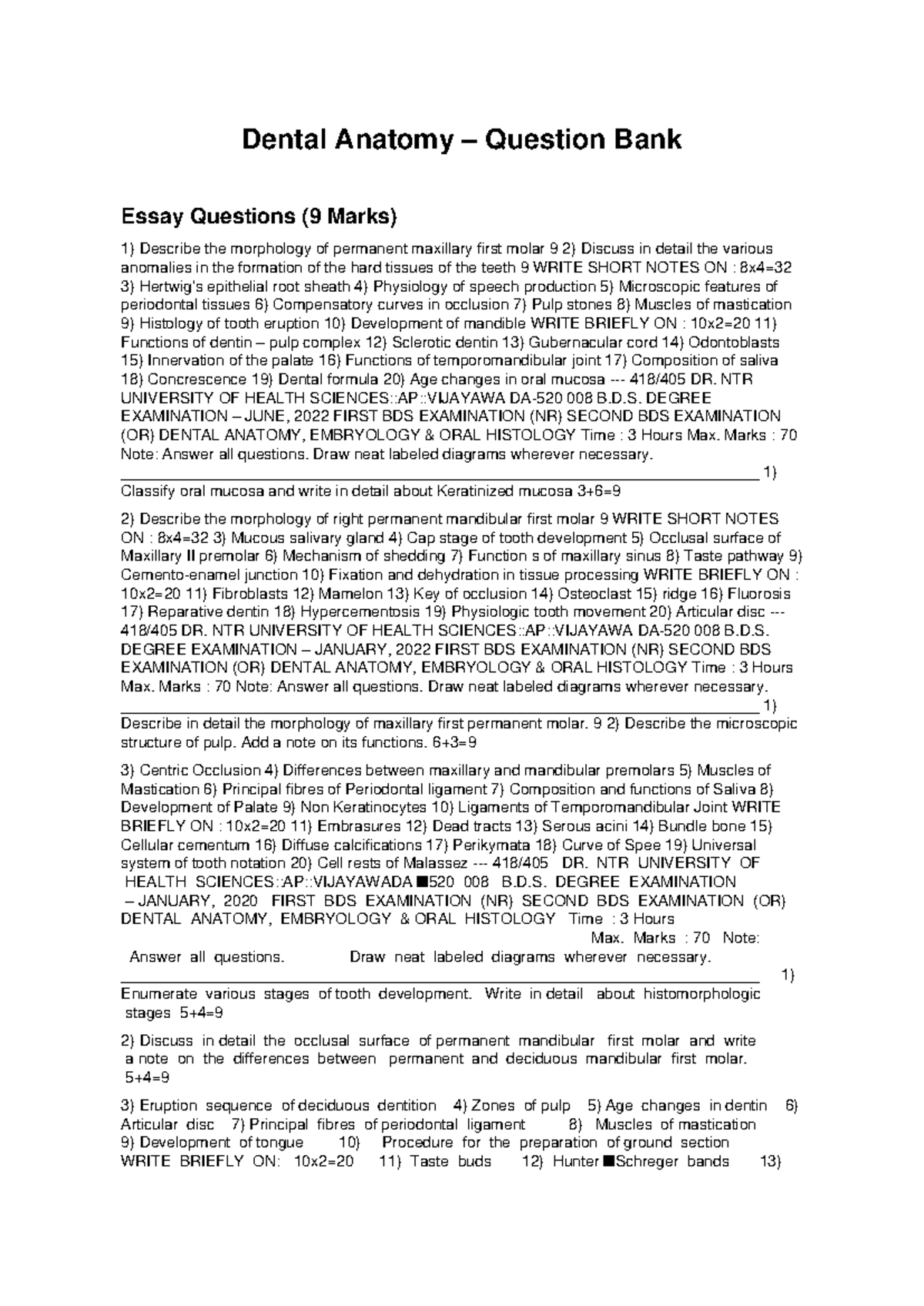 Dental Anatomy QBank: Comprehensive Essay Questions & Notes - Studocu