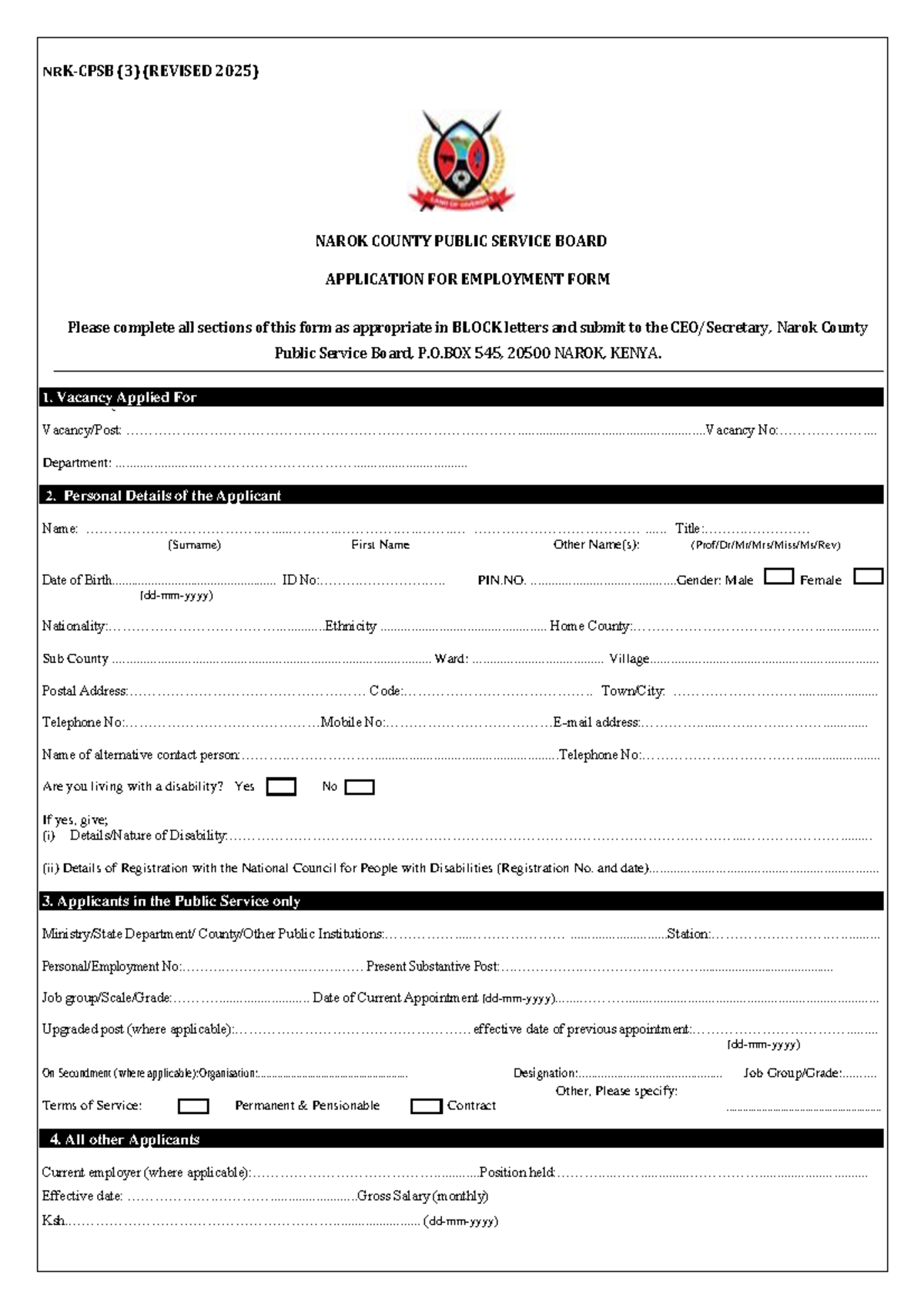 NRK-CPSB-3-2025 Employment Application Form for Narok County - Studocu