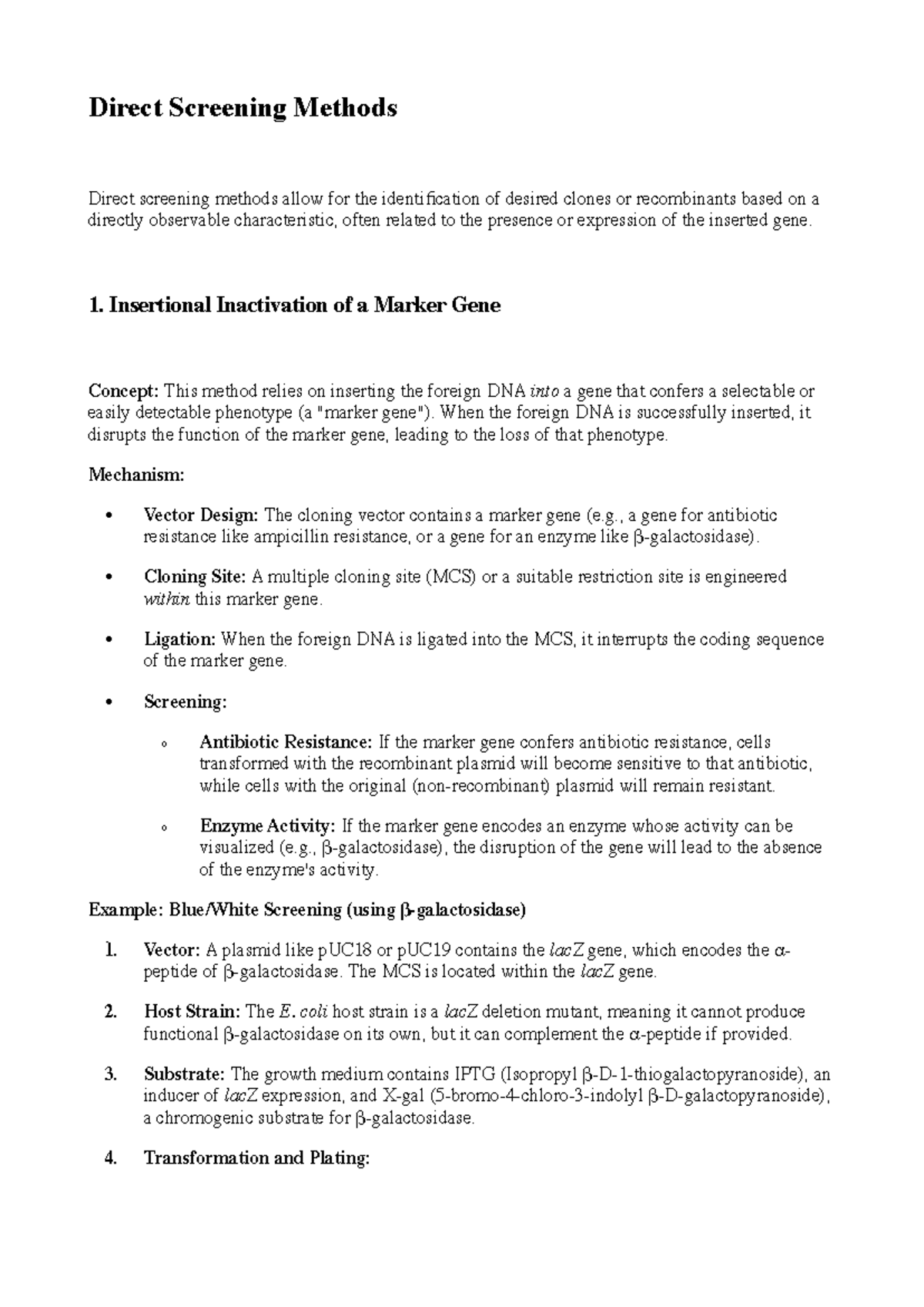 Genetic Engineering Techniques: Direct Screening Methods and ...
