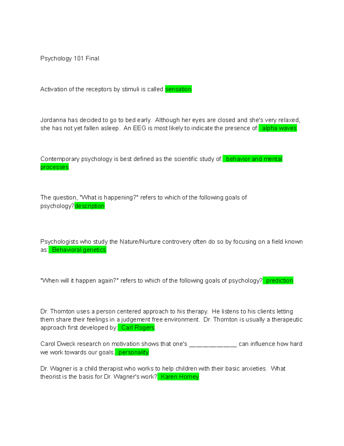 Psychology 110 Final Exam Study Guide and Key Concepts - Studocu