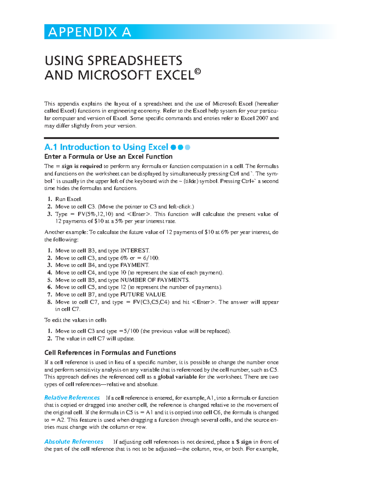 Appendix A: Using Excel for Engineering Economy Functions and ...