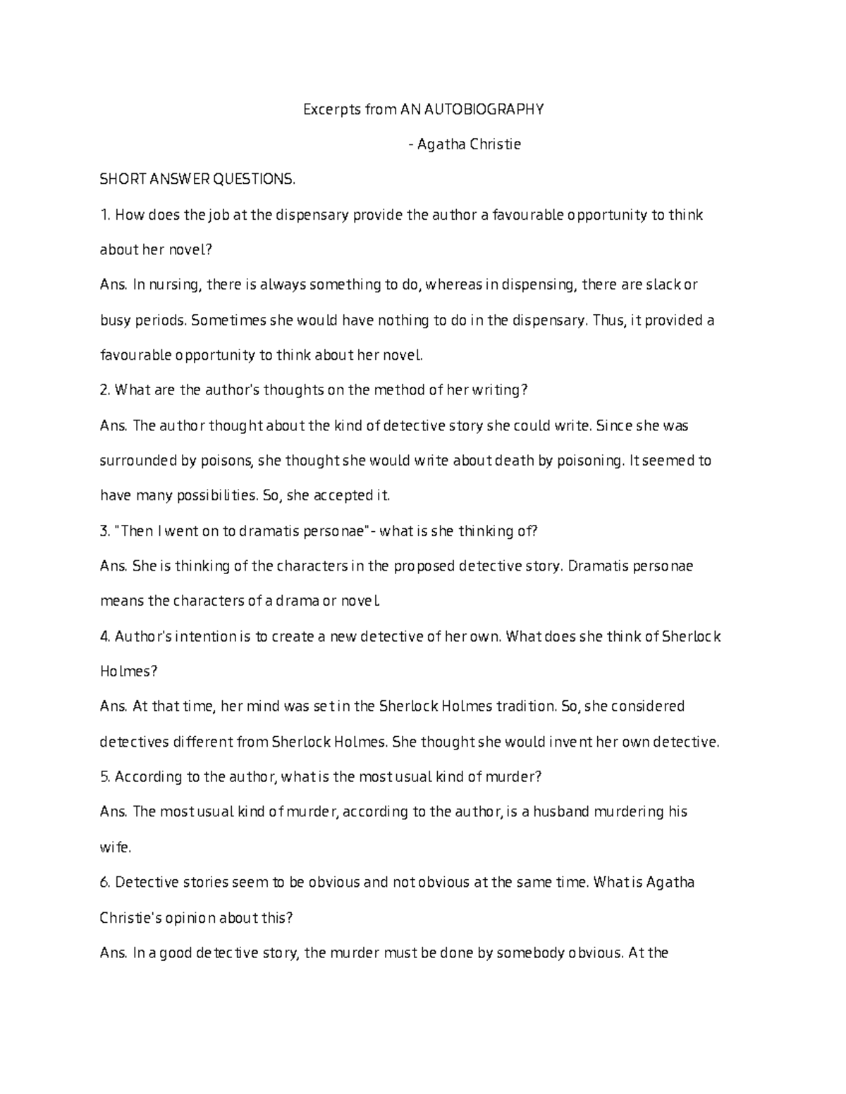Excerpts from Agatha Christie's Autobiography: Detective Fiction ...