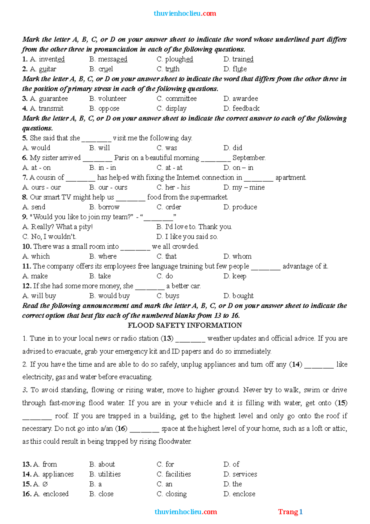 Dethi Tieng Anh 10-HN: Pronunciation, Stress, and Grammar Exercises ...