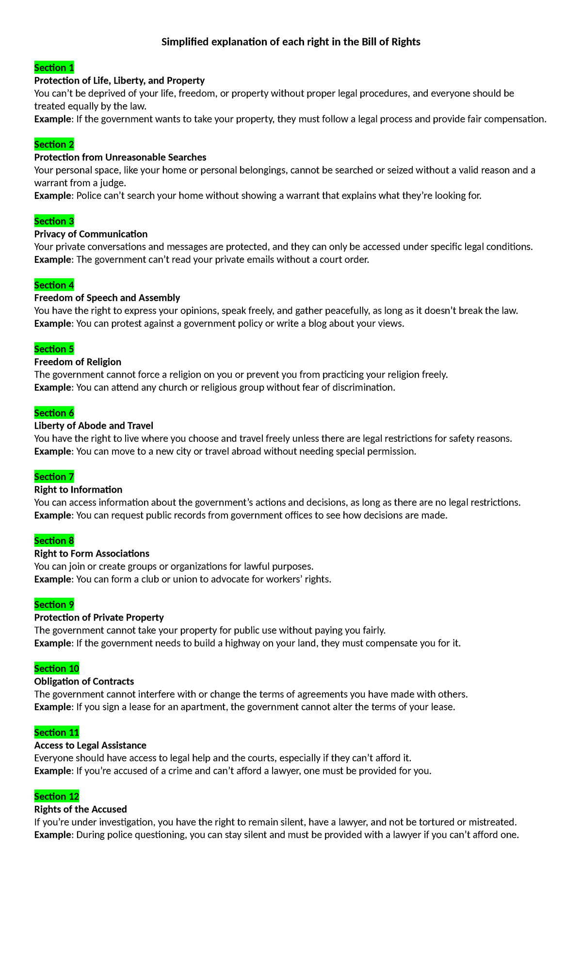 Simplified explanation of each right in the Bill of Rights - Example ...