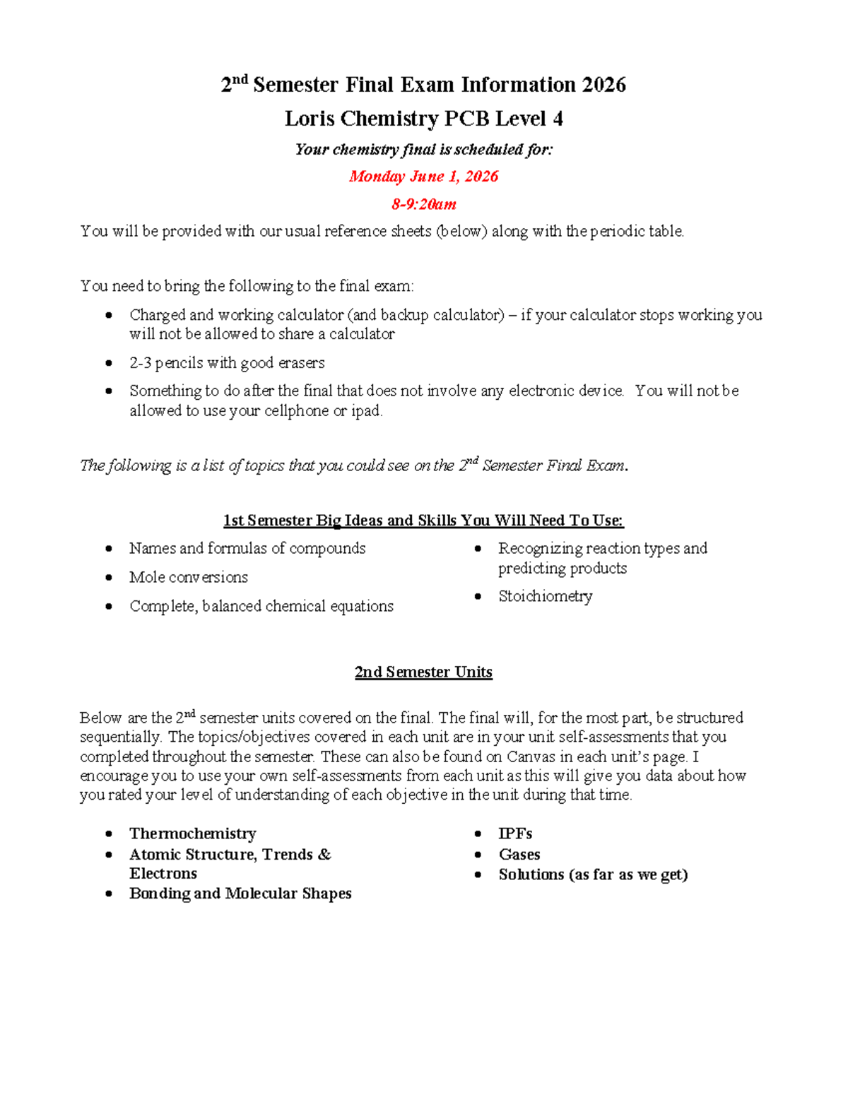 Loris Chemistry PCB Level 4 2nd Semester Final Exam Info - Studocu