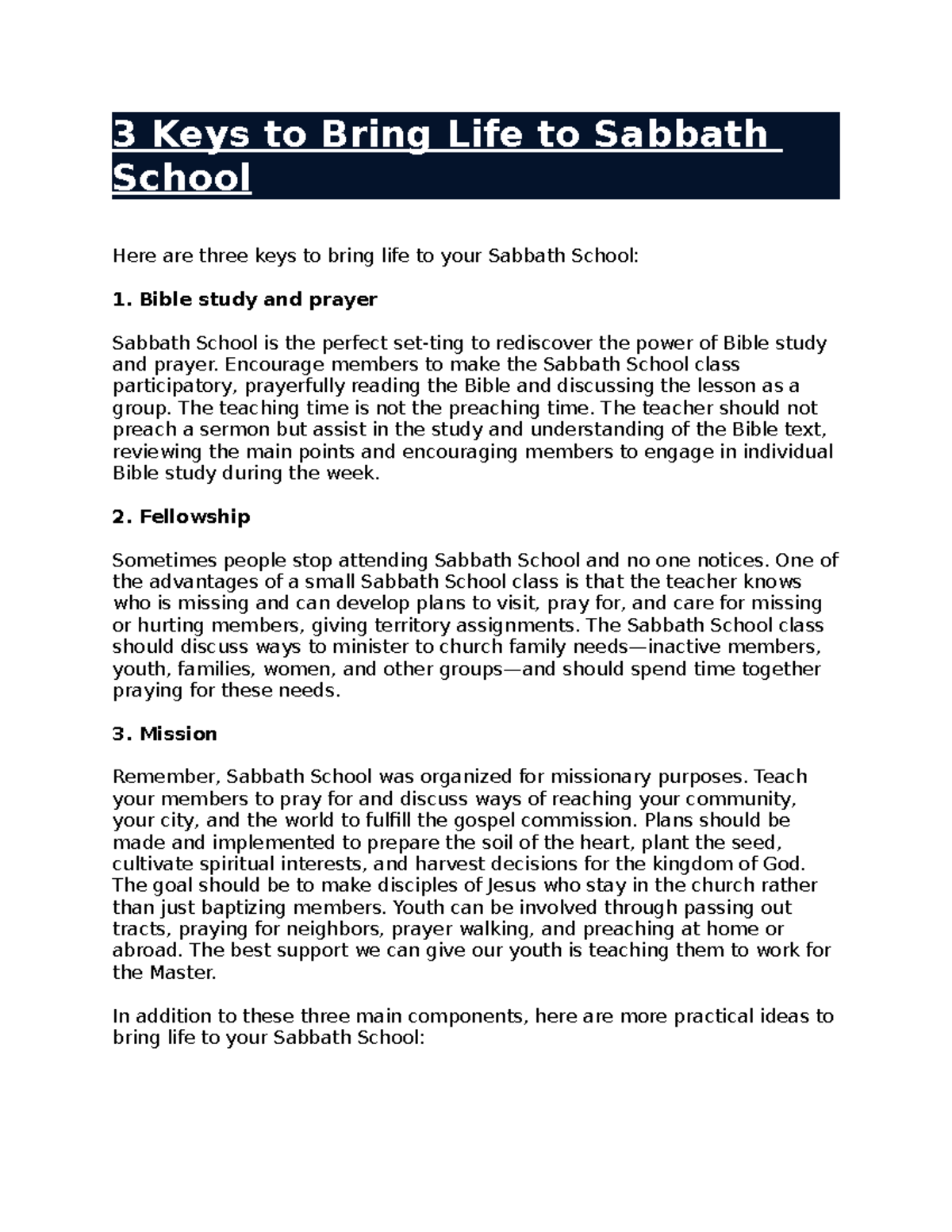 3 Key Strategies to Revitalize Your Sabbath School Program - Studocu