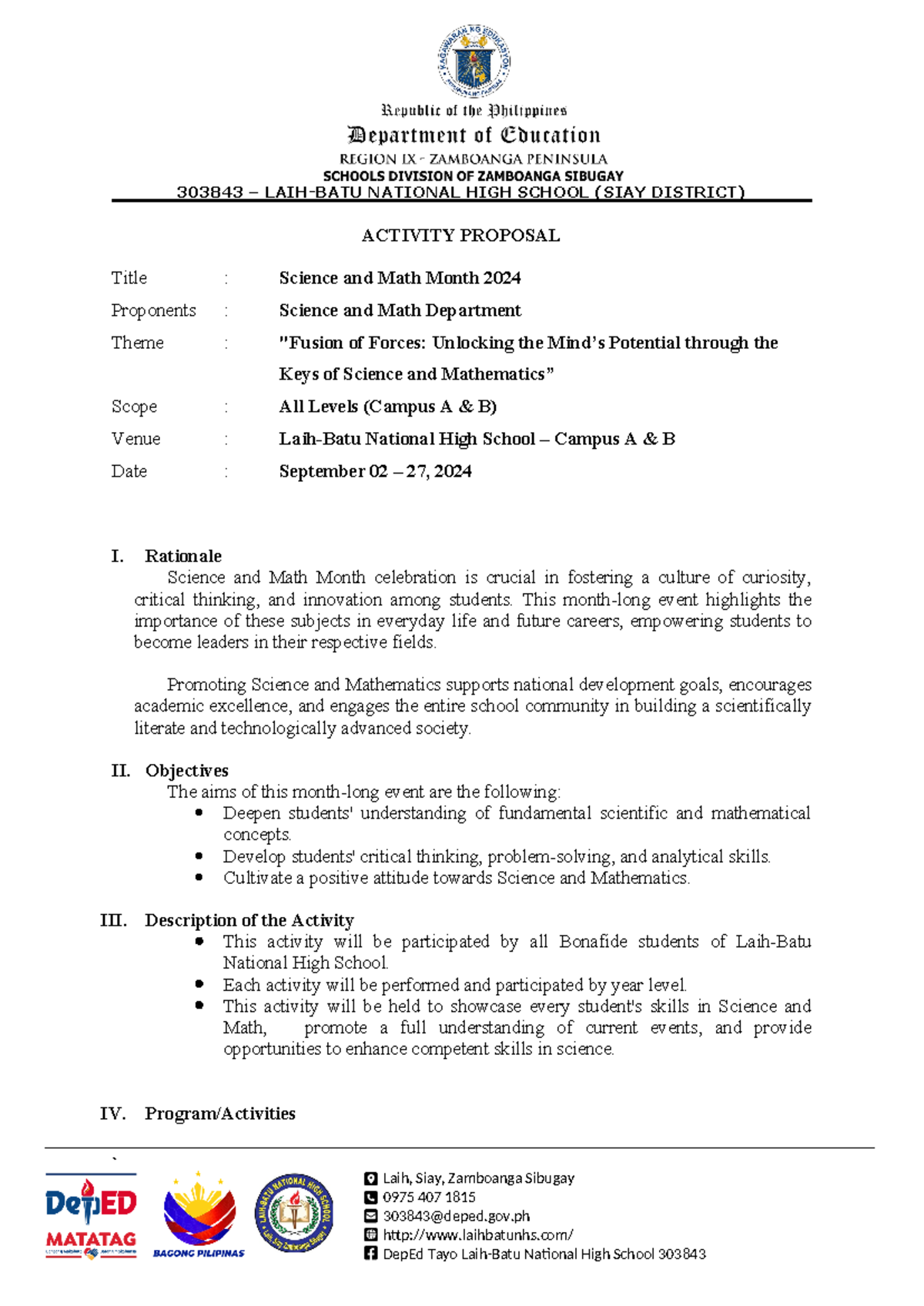 Activity Proposal: Sci Math Month 2024 - Laih-Batu National HS 303843 ...