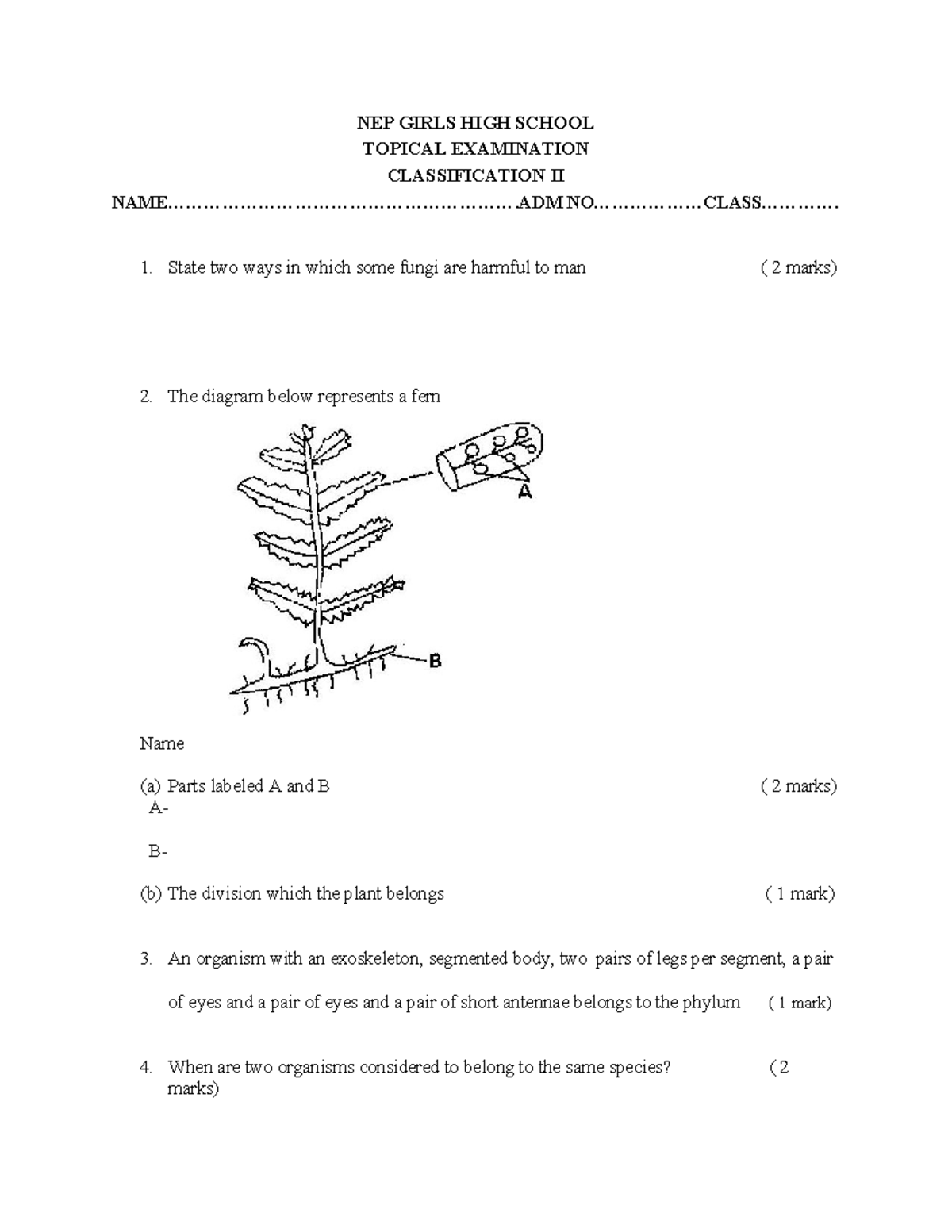 1. Classification II Q - NEP GIRLS HIGH SCHOOL TOPICAL EXAMINATION ...