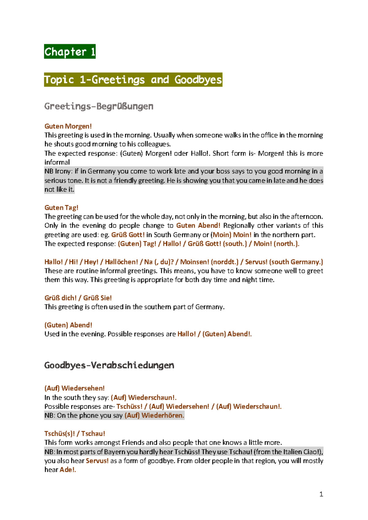 Chapter 1: Greetings and Introductions in German - Studocu