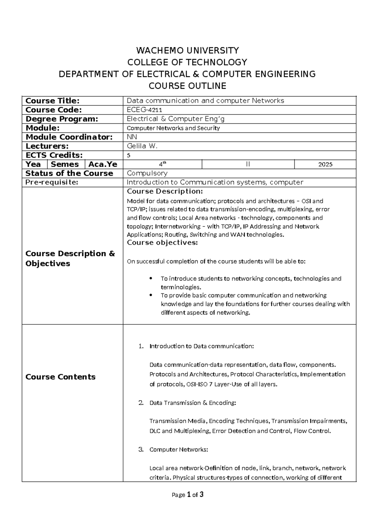 Datacommunication & Computer Networks Course Outline - ECE 2025 - Studocu