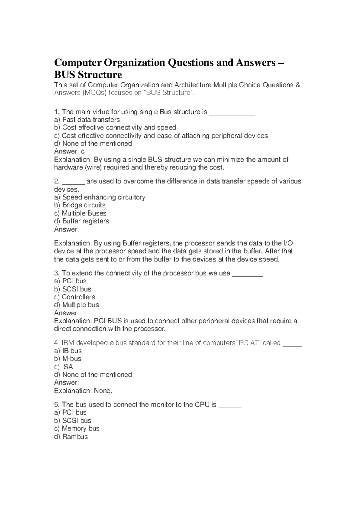 3-BUS Structure - Solved MCQs for CS 101: Computer Architecture - Studocu