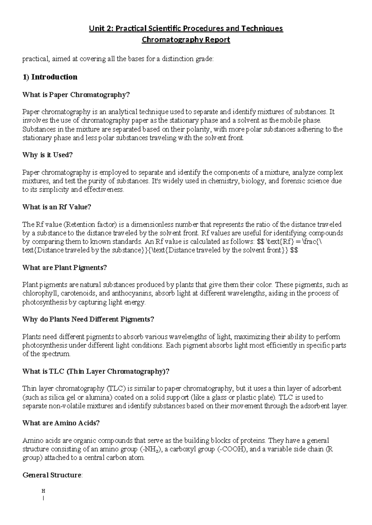 Unit 2: Chromatography Report on Practical Scientific Techniques for ...