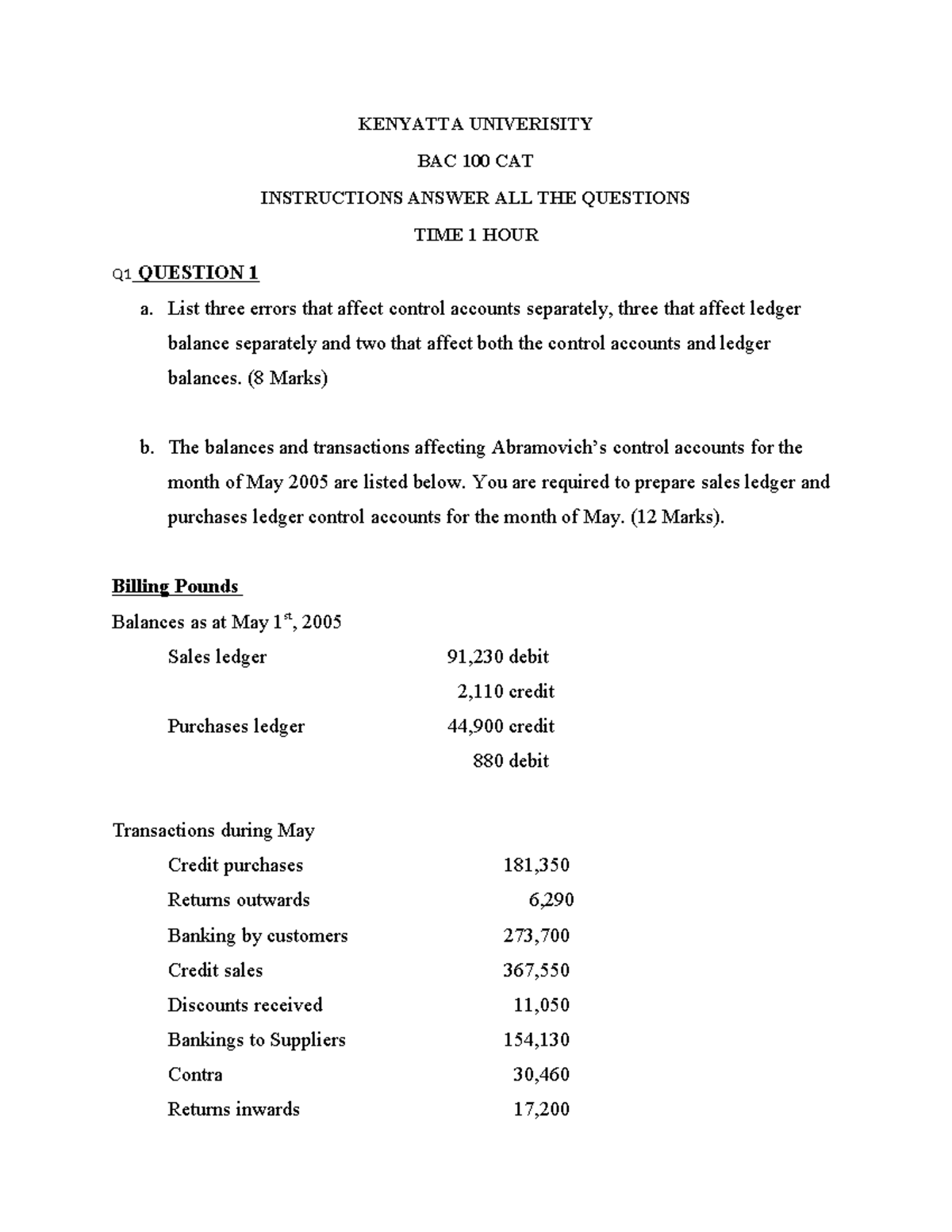 KENYATTA UNIVERSITY BAC 100 CAT: Accounting Assignment on Control ...